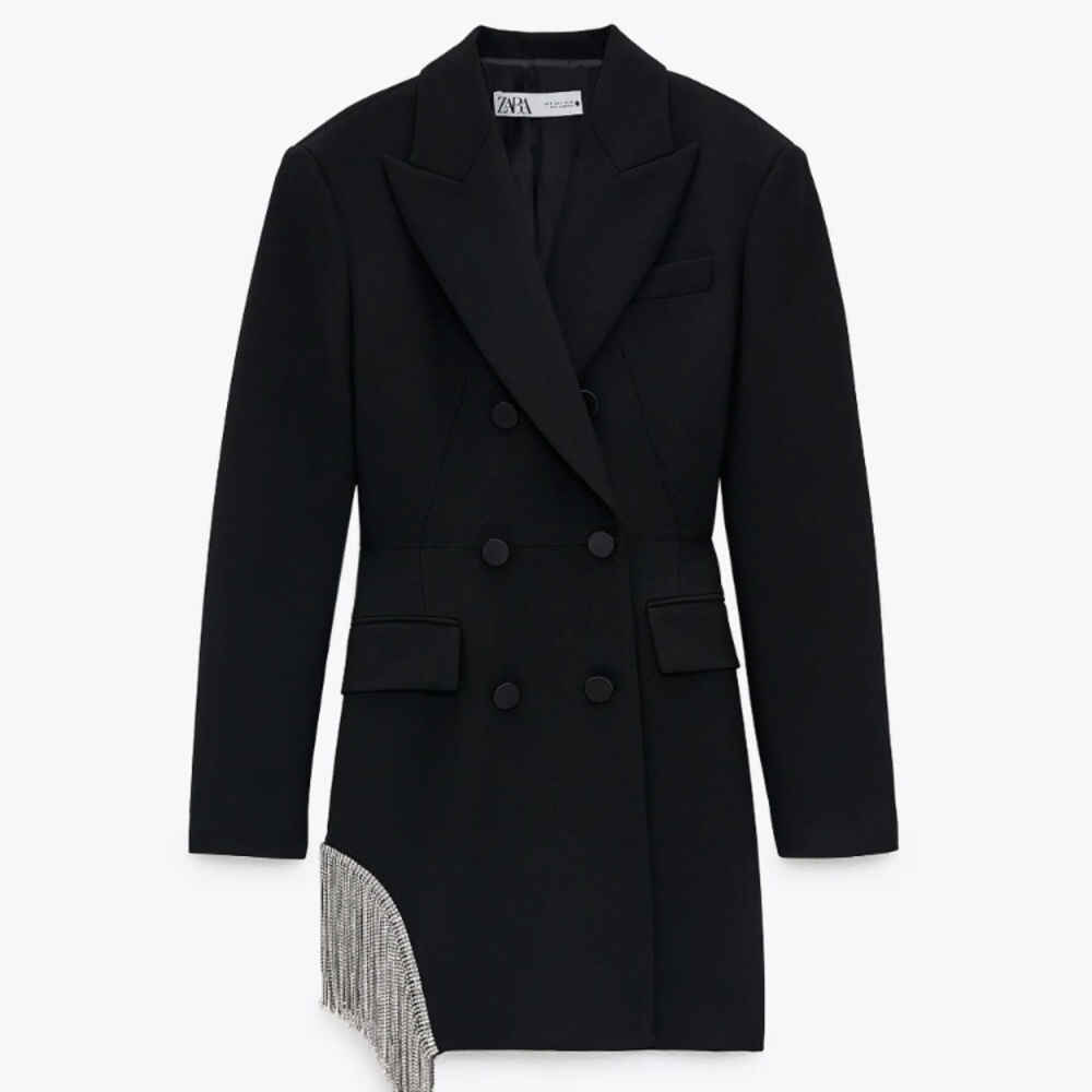 Zara Limited Edition Blazer Dress W/ Rhinestone Fring… - Gem